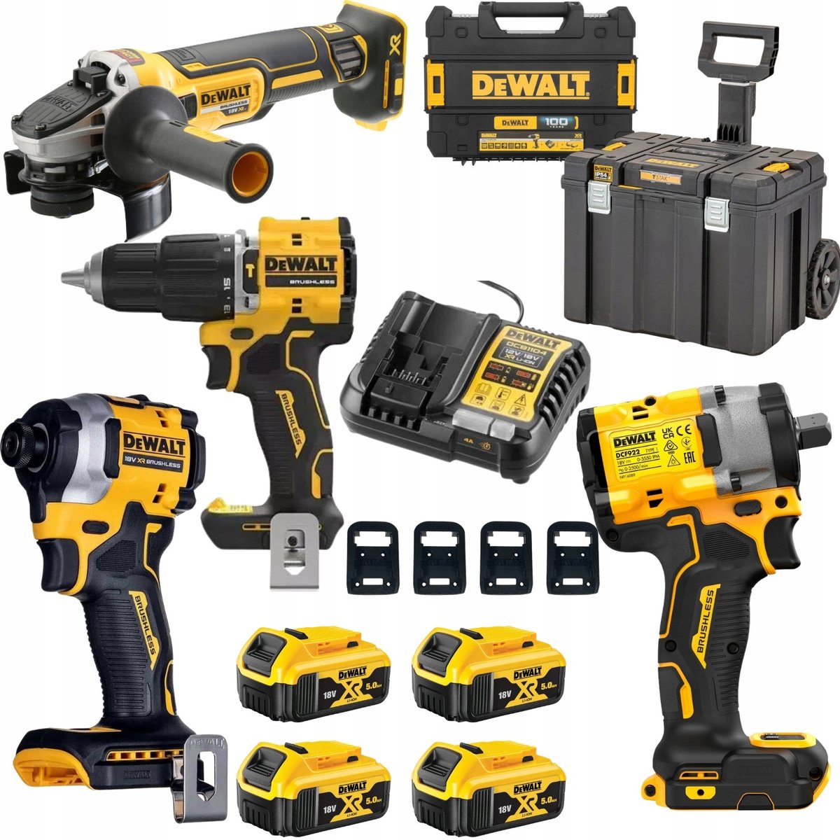 Zestaw 15szt DeWalt 18V Wkrętarka DCD100Y + DCG405 + DCF850 + DCF922 ...