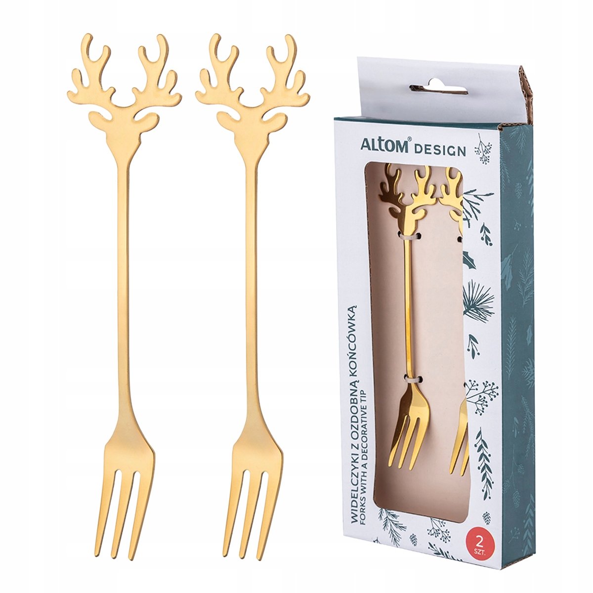 Zestaw 2 szt Złote widelczyki do ciasta świąteczne Altom Design Renifer ...
