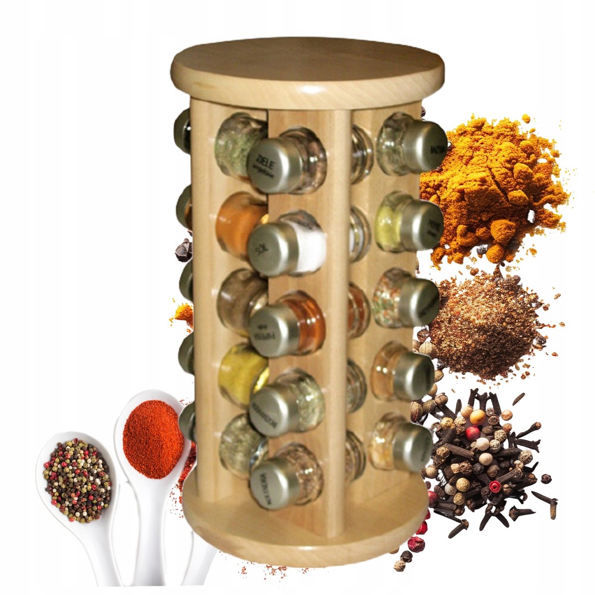 ZESTAW 20 PRZYPRAW DREWNIANY PRZYPRAWNIK OBROTOWY SŁOICZKI DO PRZYPRAW ...