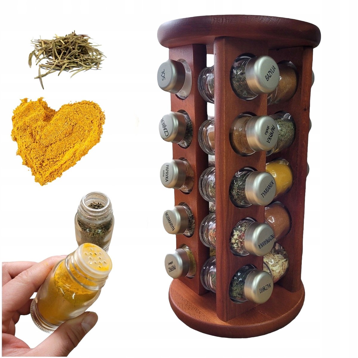 ZESTAW 20 PRZYPRAW PRZYPRAWNIK OBROTOWY SŁOICZKI DO PRZYPRAW KASZTAN ...