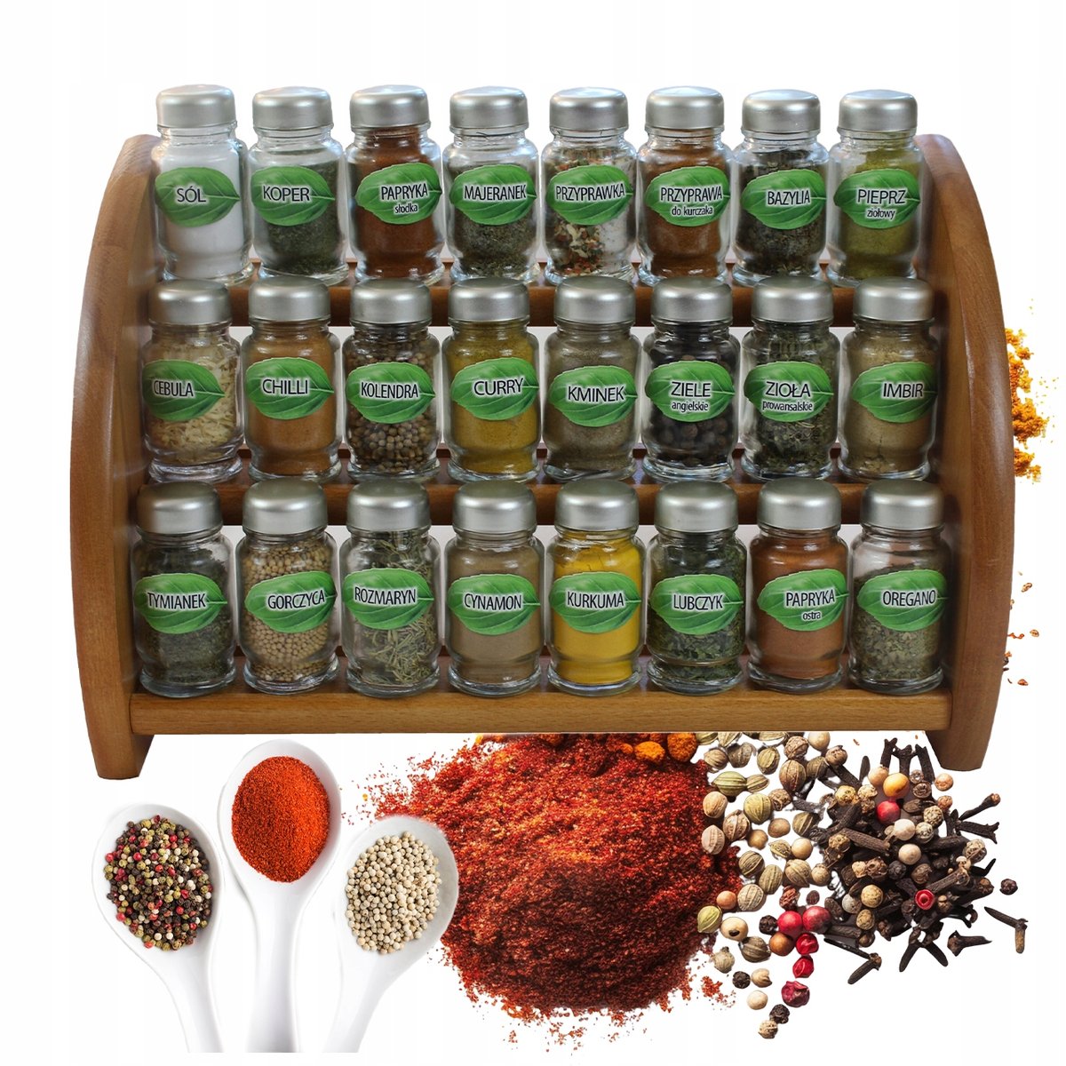 ZESTAW 24 PRZYPRAW DREWNIANA SOLIDNA PÓŁKA Z PRZYPRAWAMI W SŁOICZKACH ...