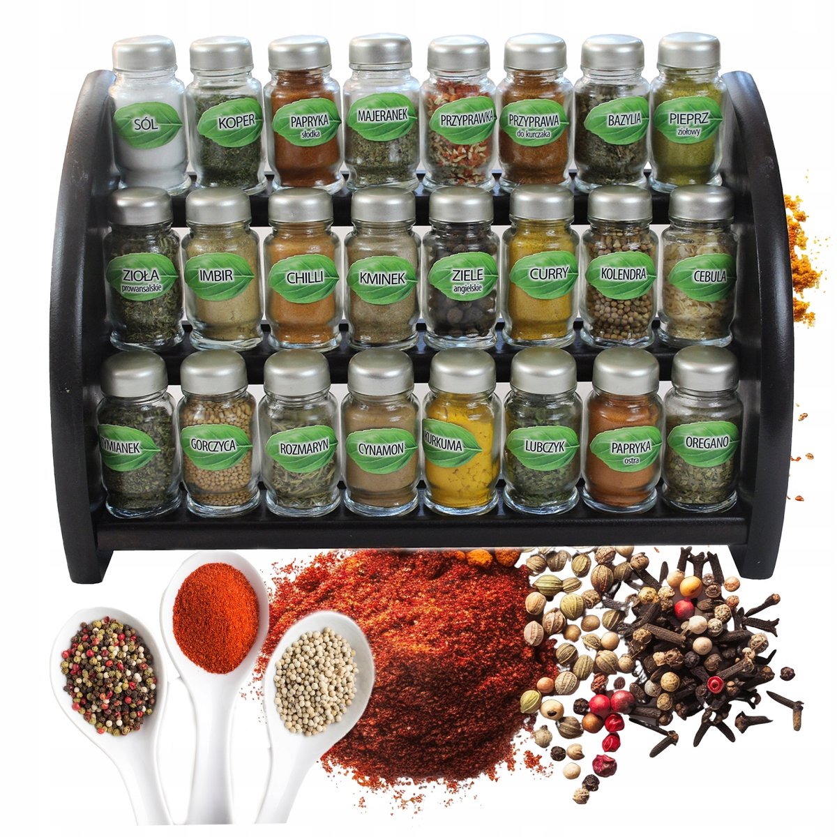 ZESTAW 24 PRZYPRAW PÓŁKA Z PRZYPRAWAMI W SŁOICZKACH DREWNIANY STOJAK ...