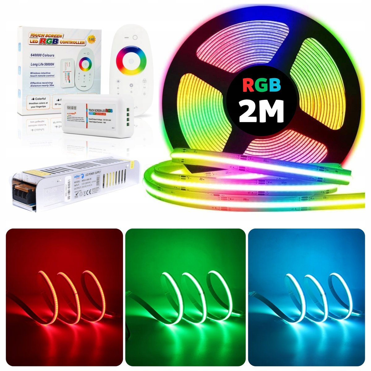 ZESTAW 2M Taśma neon LED COB RGB 840 diod 15W 24V z pilotem i ...