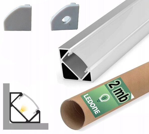 Zestaw 2mb Profil aluminiowy NAROŻNY SREBRNY + KLOSZ mleczny do taśm ...