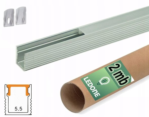 Zestaw 2mb Profil aluminiowy WĄSKI nawierzchniowy SREBRNY KLOSZ do taśm ...