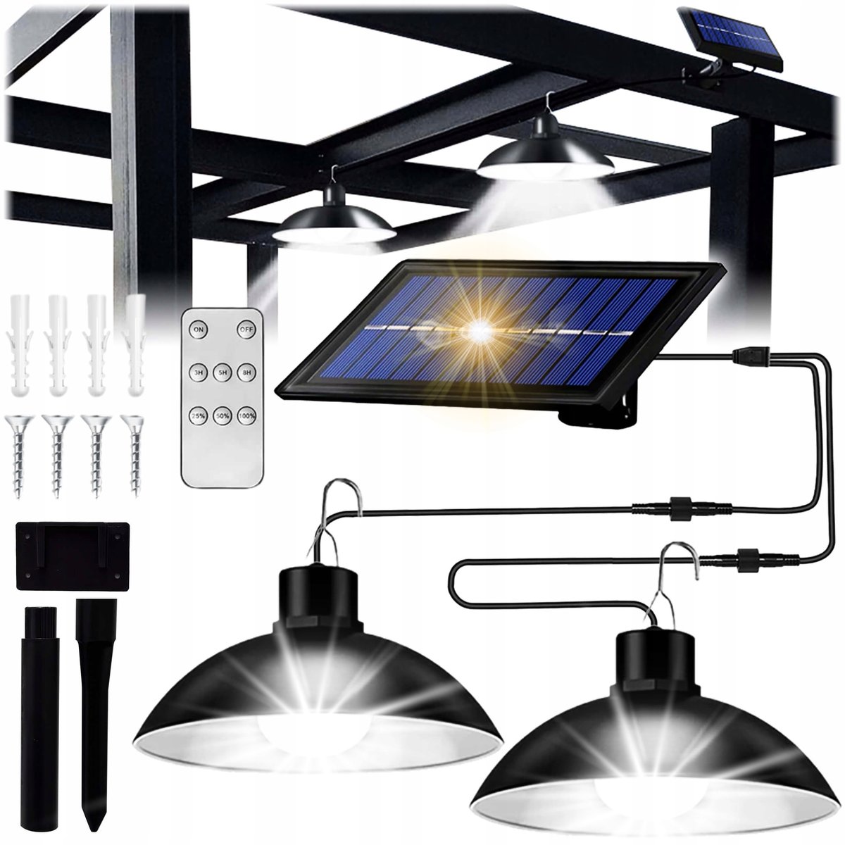 ZESTAW 2x ŻYRANDOL WISZĄCA LAMPA SOLARNA LED PODWÓJNY SUFITOWA PILOT ...