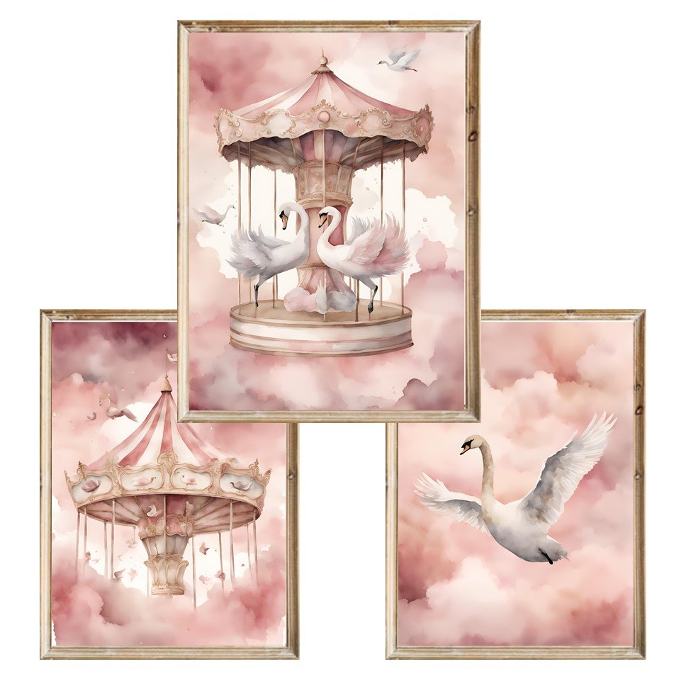 Zestaw 3 plakatów obrazków na ścianę Swan Carousel A3 / Bajkowe Wnętrza ...