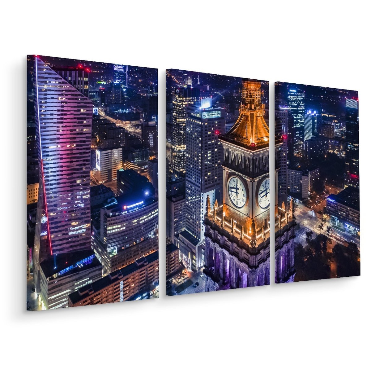 Zestaw 3X Obraz Do Salonu Warszawa Nocą Zegar Miasto Panorama Efekt 3D ...