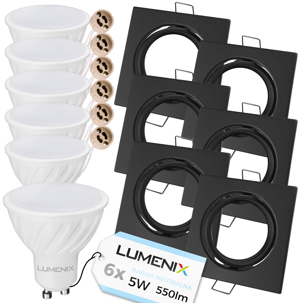 Zestaw 6x oprawa halogenowa CZARNA KWADRATOWA + żarówka GU10 LED 5W Neutralna - Lumenix DLED ...
