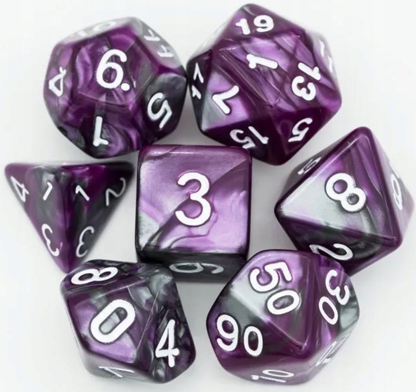 Zestaw 7 Kości Fioletowe Białe D4-20 K20 RPG D&D DND Dice Gra Planszowa ...