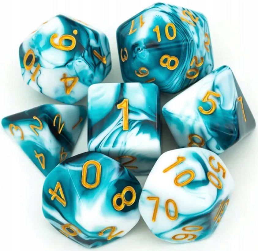 Zestaw 7 Kości Niebieskie Białe Morskie Morze Fala D4-20 K20 RPG D&D ...