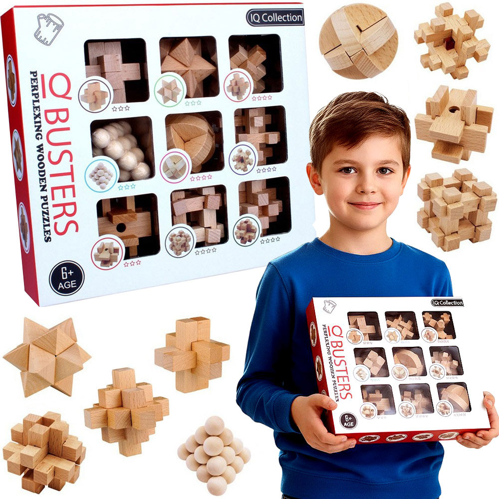 Zestaw 9 Łamigłówek Drewnianych IQ Busters Kostka Zagadki Logiczne ...