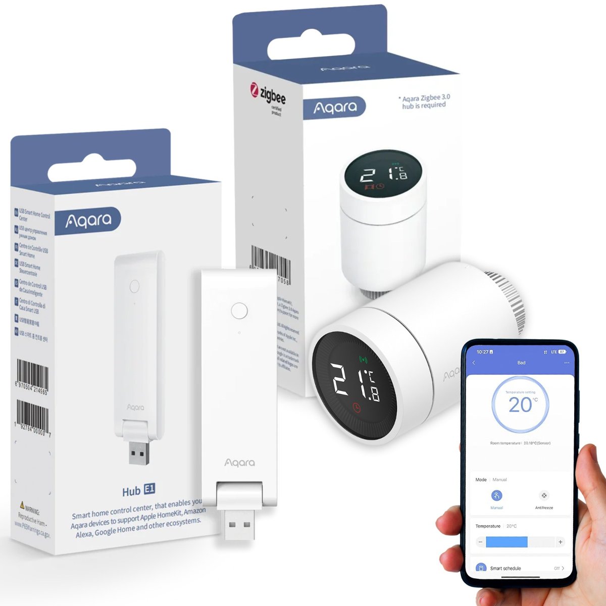 Zestaw Aqara | 1x Głowica termostatyczna E1 + Centrala Sterująca Hub E1 | termostat + bramka ...