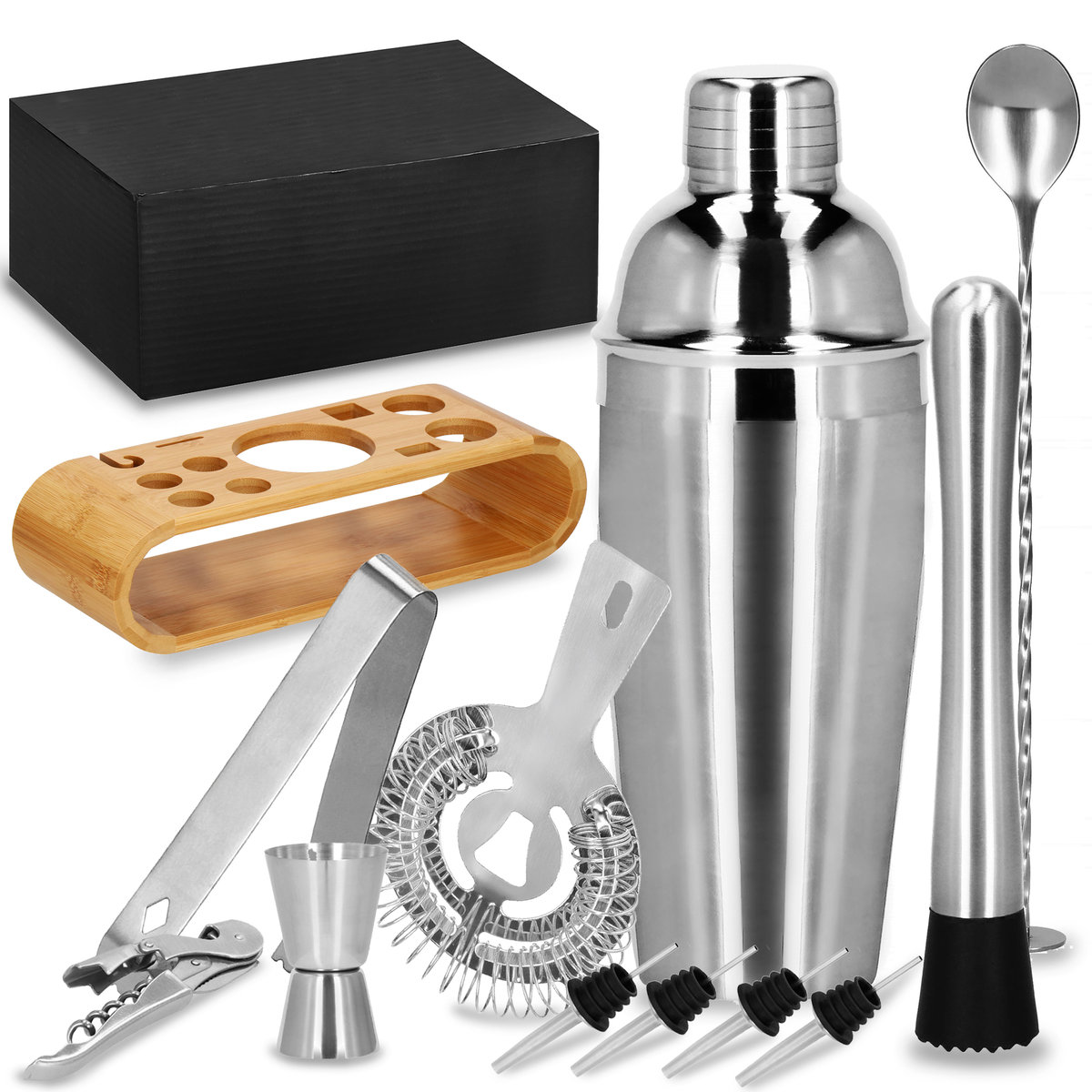 Zestaw barmański 12 elementów do drinków z podstawką bambusową shaker ...