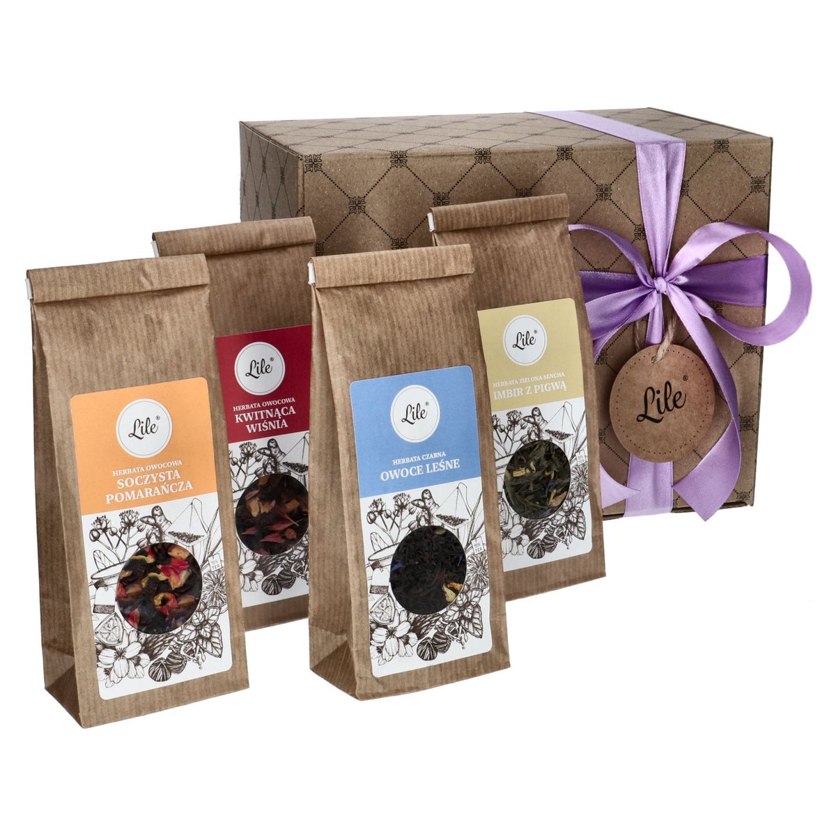 Zestaw czterech herbat w opakowaniu prezentowym (Owoce leśne, Imbir ...