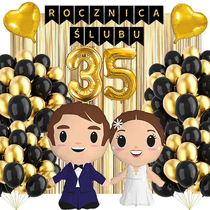 ZESTAW DEKORACJI 35 ROCZNICA ŚLUBU BALONY CZARNO ZŁOTE 48SZT - Towar Na ...