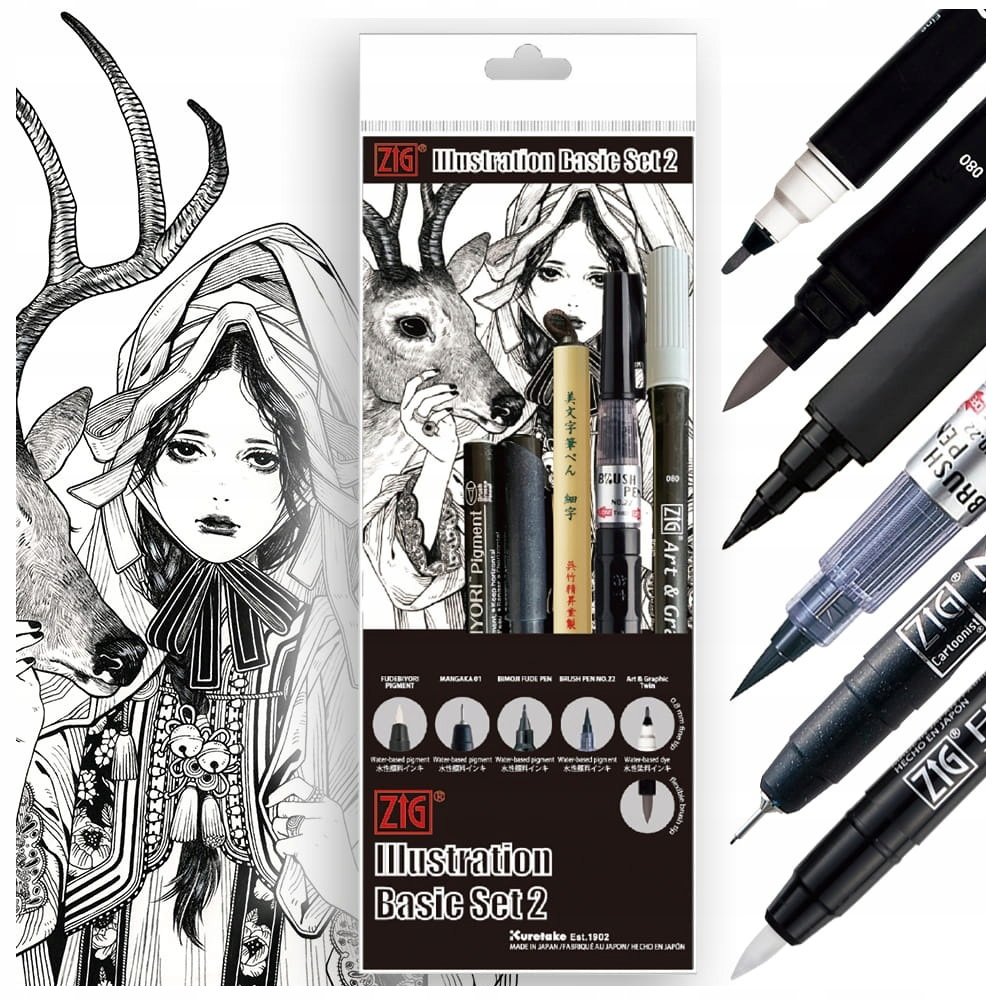 ZESTAW DO ILUSTRACJI MANGI pisaki brush bimoji mangaka Kuretake Basic Set 2 - KURETAKE | Sklep ...