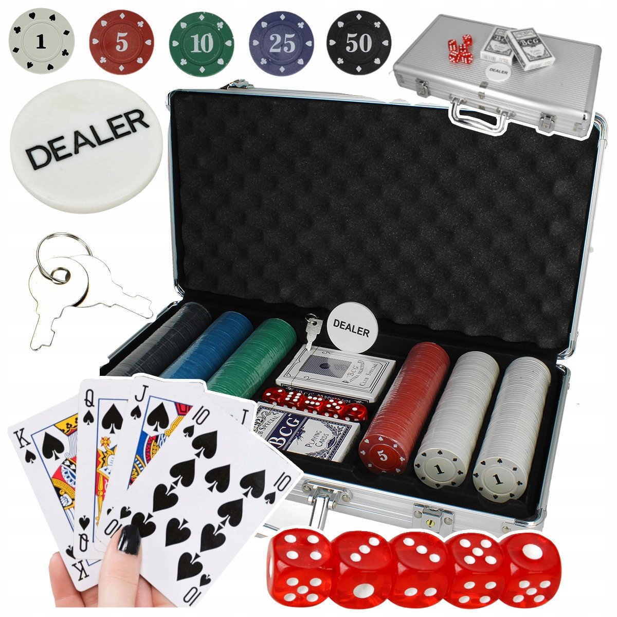 ZESTAW DO POKERA TEXAS 300 ŻETONÓW 5 NOMINAŁÓW 2 TALIE KART MOCNA ...