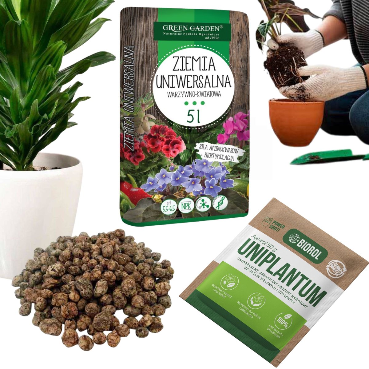 Zestaw do przesadzania roślin doniczkowych - keramzyt 5L, podłoże 5L ...