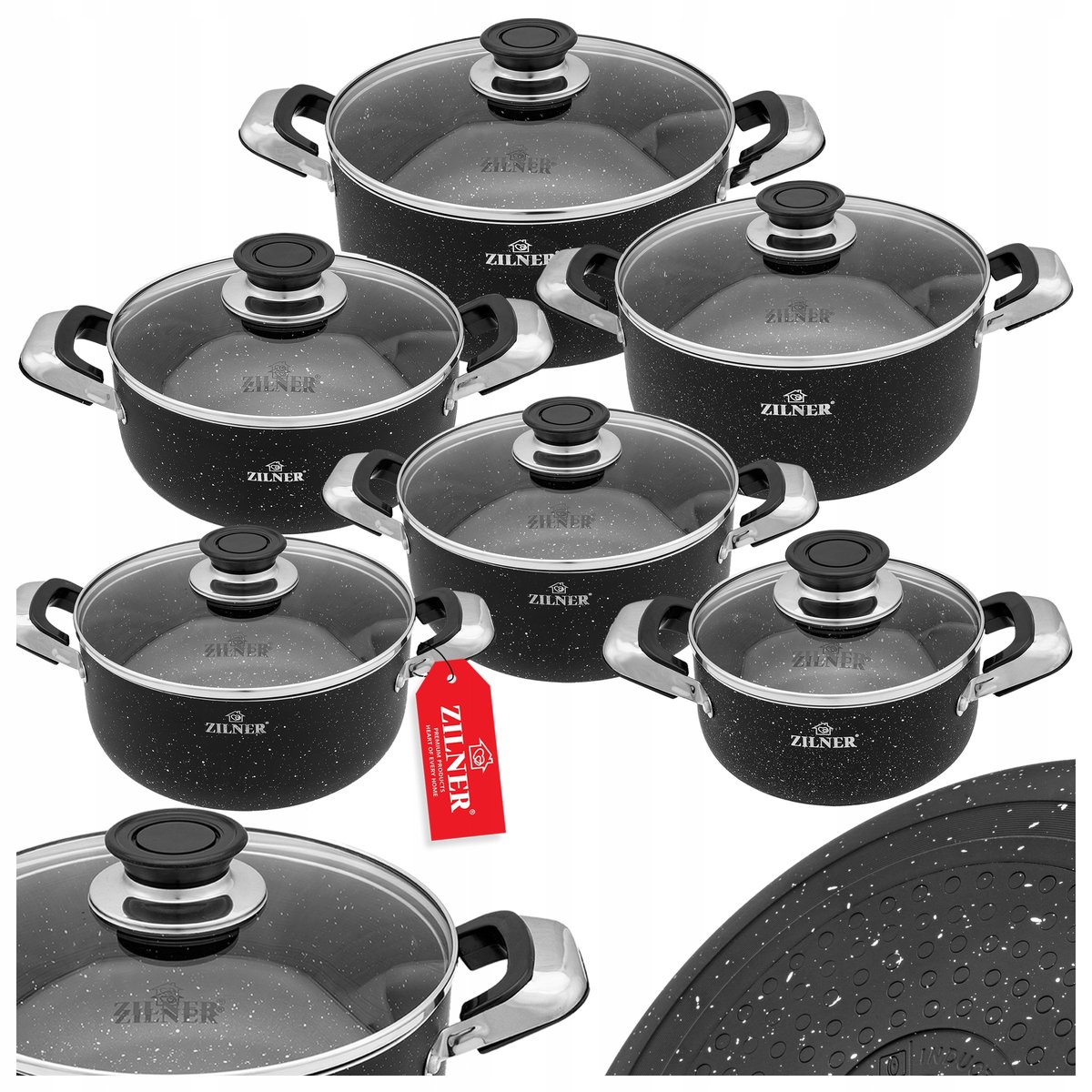 ZESTAW GARNKÓW MARMURKOWYCH KOMPLET GARNKI + POKRYWKI INDUKCJA GAZ 12 ...