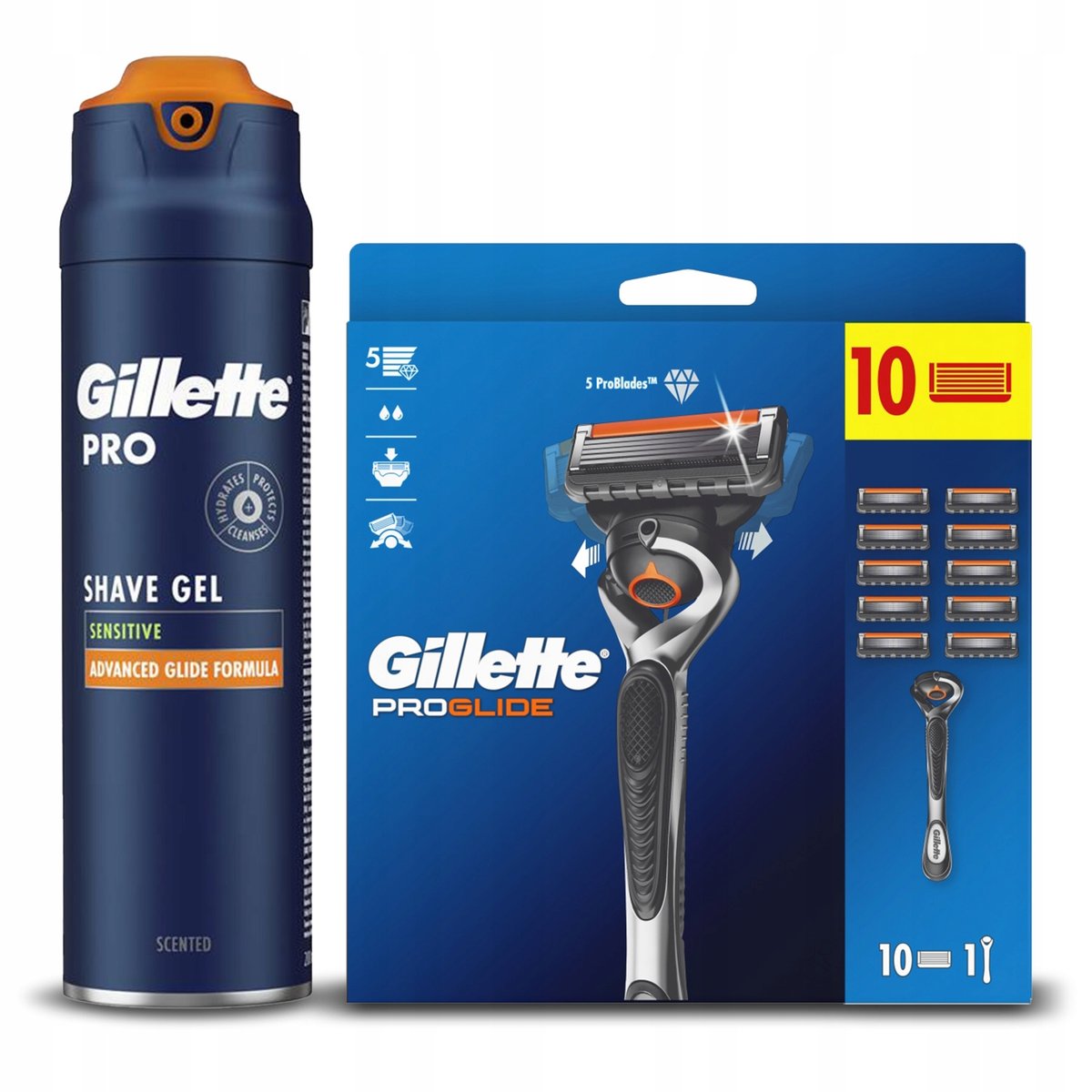 Zestaw Gillette ProGlide maszynka + 10 ostrzy + Żel Pro Sensitive 200 ...