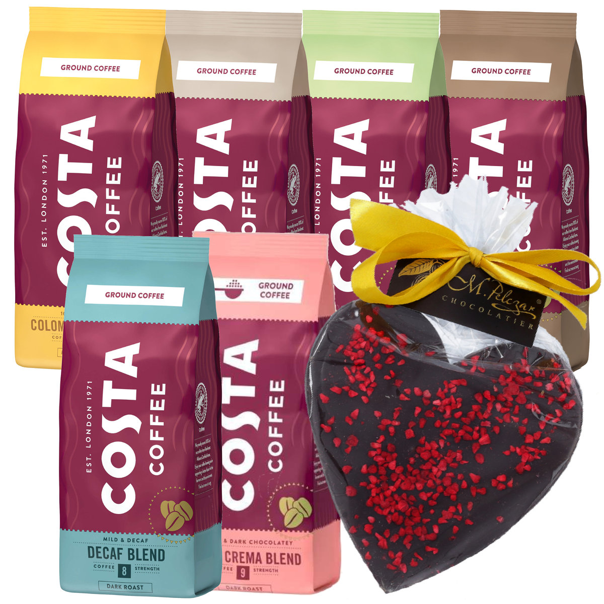 ZESTAW kaw mielonych Costa Coffee 6x200g + PREZENT Serce z gorzkiej czekolady M.Pelczar ...