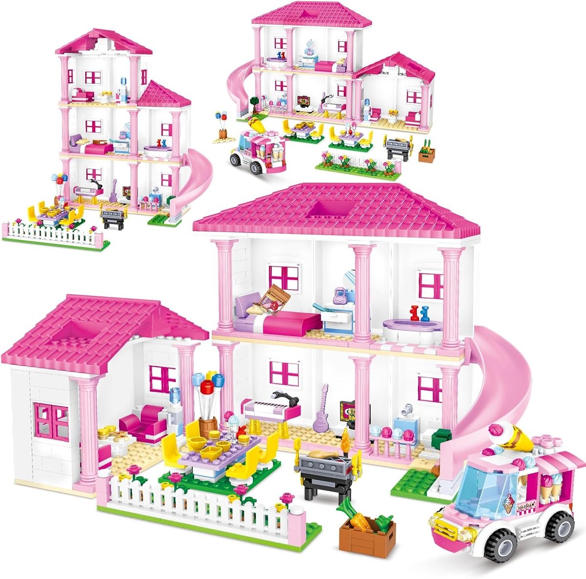 Zestaw Klocków Dla Dziewczynek Różowy Domek Dla Lalek Z Ogrodem Willa Party Klocki Domek 06 ...