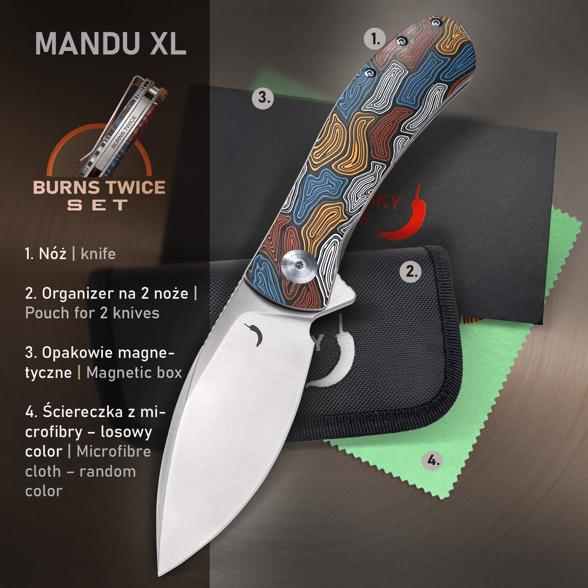 Zestaw Kolekcjonerski BURNS TWICE Trollsky Knives Nóż Składany Mandu XL ...