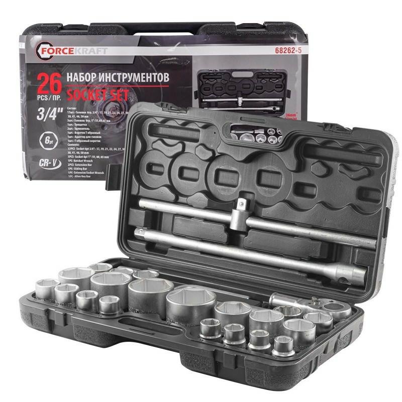 Zestaw komplet narzędzi narzędzia nasadki grzechotka redukcja 26el. 3/4" 1" 6-kątnych FORCEKRAFT ...