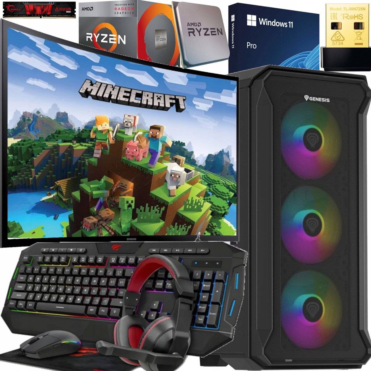 ZESTAW KOMPUTER DO GIER | RYZEN 5 32GB RAM 1TB M.2 NVMe WINDOWS 11 ...