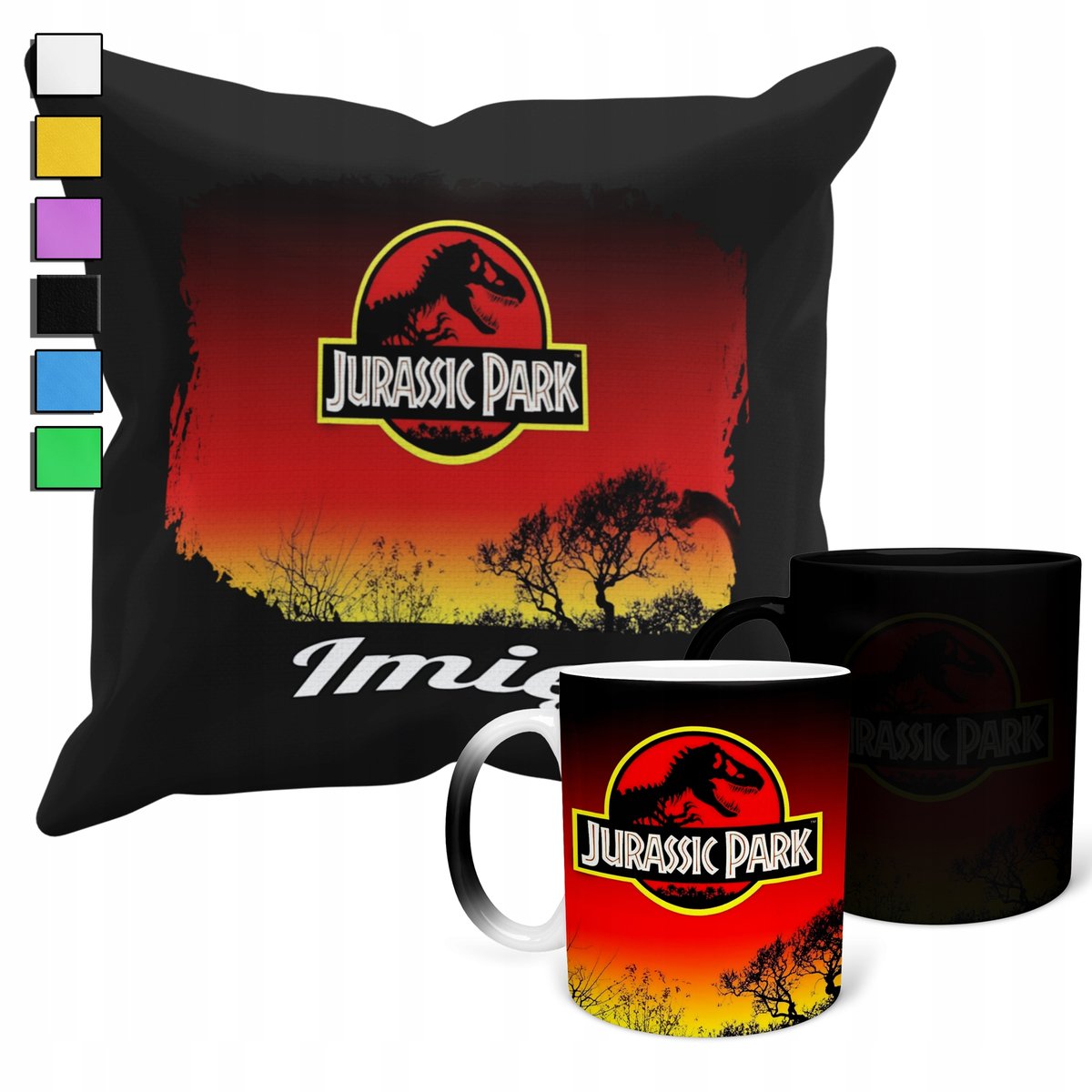 Zestaw Kubek Magiczny Zmieniający Kolor + Poszewka Jurassic Park + Imię ...