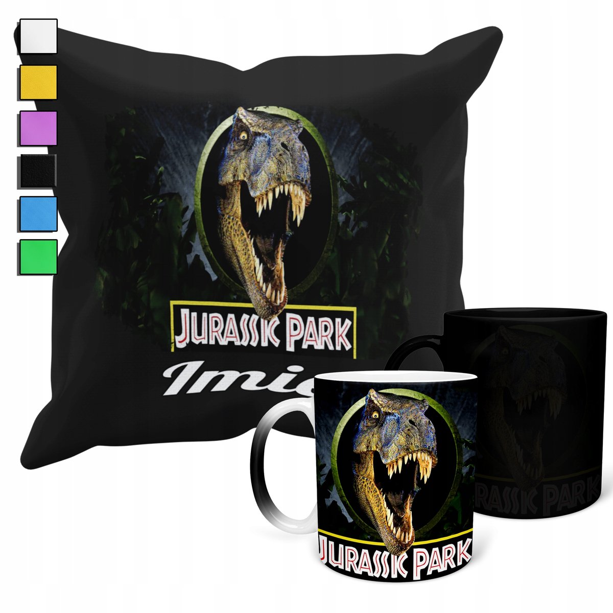 Zestaw Kubek Magiczny Zmieniający Kolor + Poszewka Jurassic Park + Imię ...