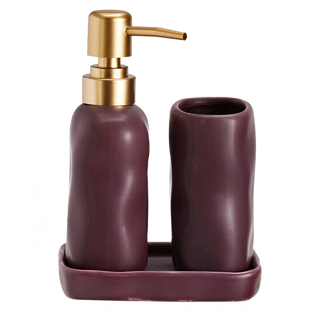 Zestaw łazienkowy EON, ceramiczny dozownik ze złotą pompką, kubek i taca - AM/63 Amsterdam ...