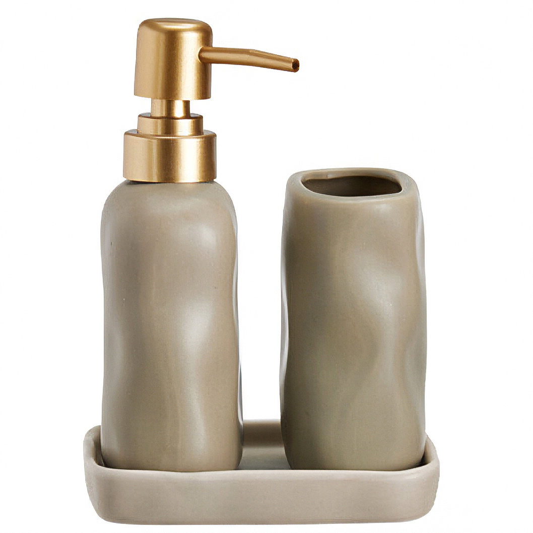 Zestaw łazienkowy EON, ceramiczny dozownik ze złotą pompką, kubek i taca - AM/63 Amsterdam ...