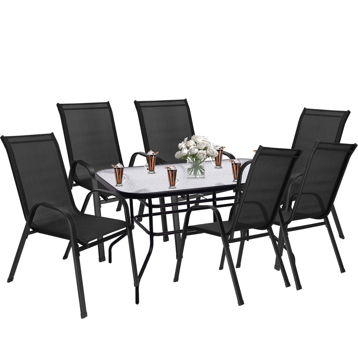 Zestaw mebli ogrodowych dla 6 osób, stół ze szkłem hartowanym 6 krzeseł, metalowe, czarne ...