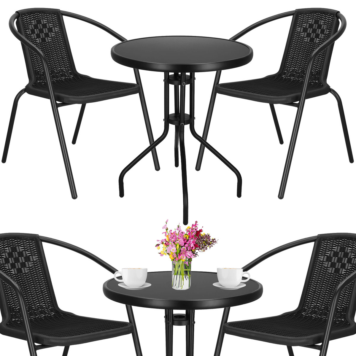 Zestaw mebli ogrodowych stół okrągły i 2 krzesła metalowe czarne komplet ogrodowy dla 2 osób ...