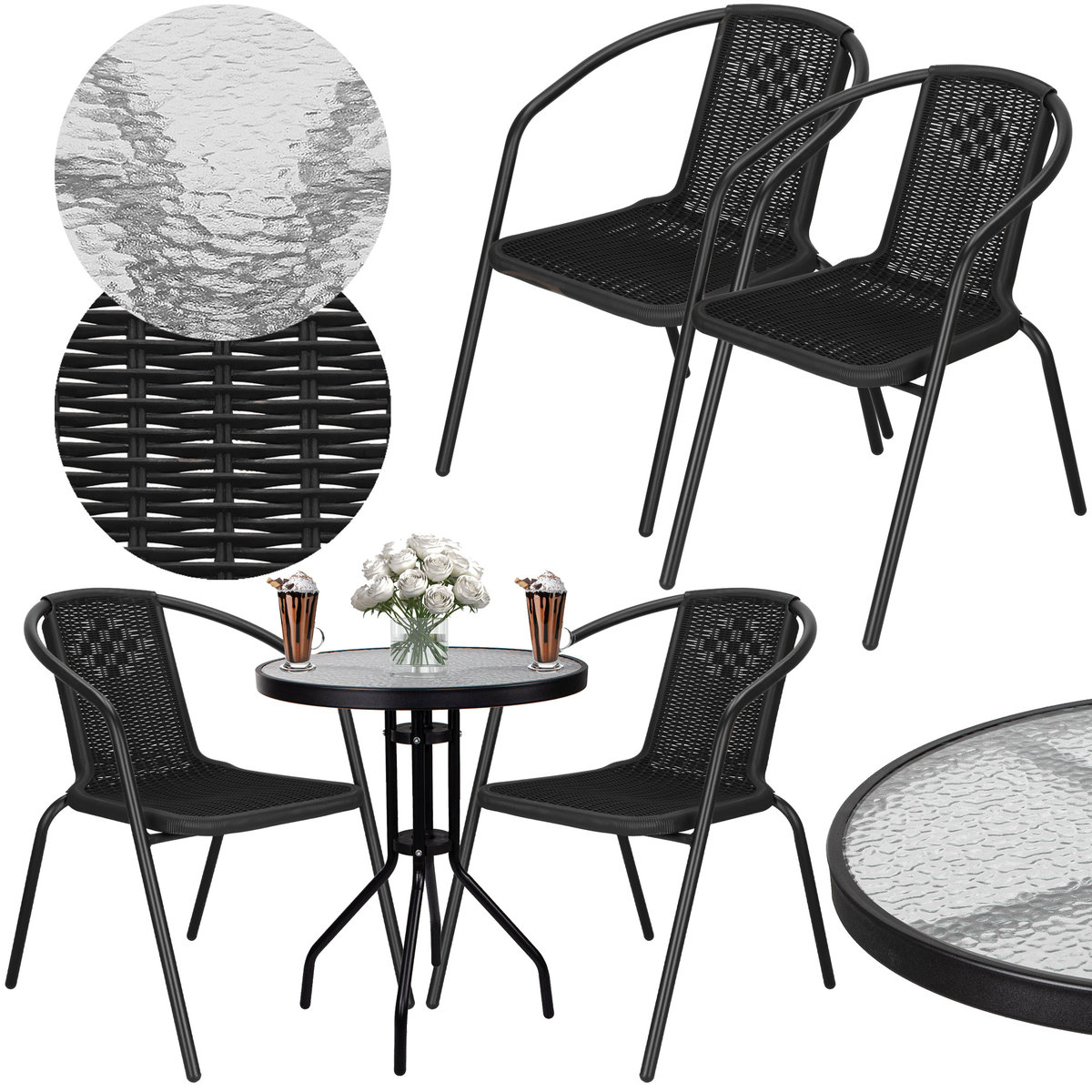 Zestaw mebli ogrowowych stół okrągły i 2 fotele metalowe czarne komplet ogrodowy dla 2 osób ...