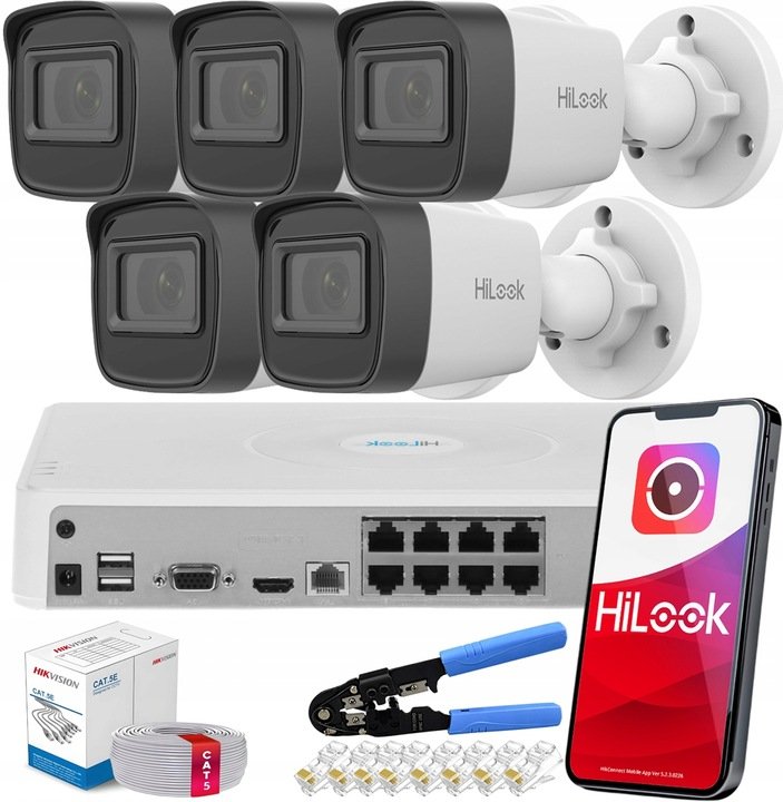 Zestaw Monitoringu Ip 5 Kamer Ipc-B141H-C( 4Mpx Zewnętrzne Hilook ...