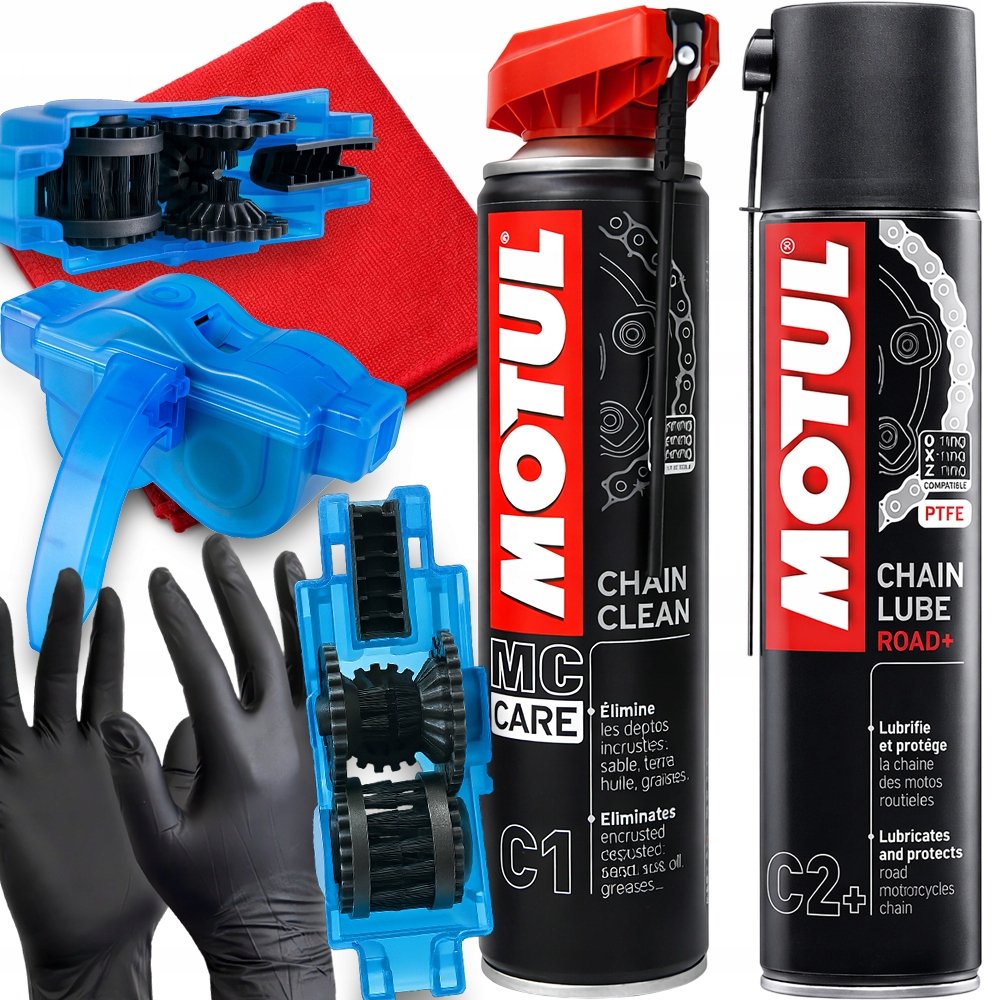 ZESTAW MOTUL DO CZYSZCZENIA SMAROWANIA ŁAŃCUCHA MOTOCYKL ROWER SZCZOTKA ...
