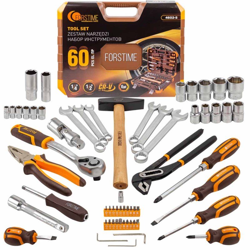 Zestaw Narzędzi WARSZTATOWY WALIZKA NASADKI KLUCZE 1/2" i 1/4" 60el. 6-kątne 7-27mm - FORSTIME ...