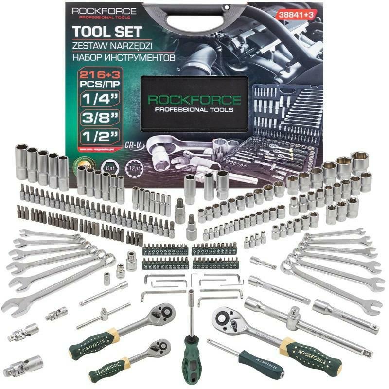 ZESTAW NARZĘDZIOWY 216+3el. 1/4" 3/8" 1/2" 6-kątne Klucze Nasadowe Nasadki BITY TORX - Rock ...