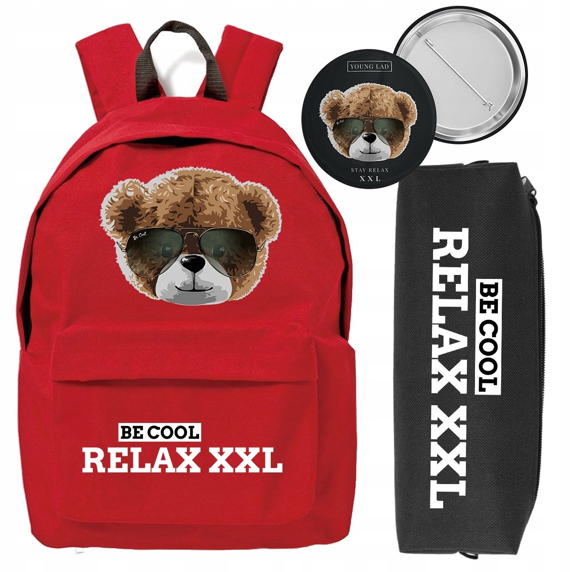 ZESTAW PLECAK CZERWONY PIÓRNIK PRZYPINKA BE COOL RELAX MIŚ MŁODZIEŻOWY ...