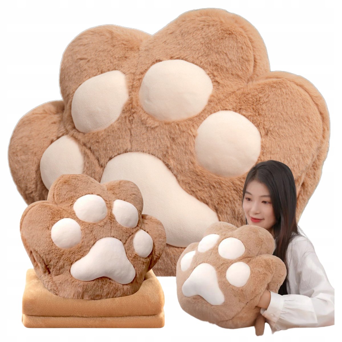 ZESTAW Pluszak Poduszka Kot + Koc Mufki Na Dłonie Ciepła Miękka Duża ...