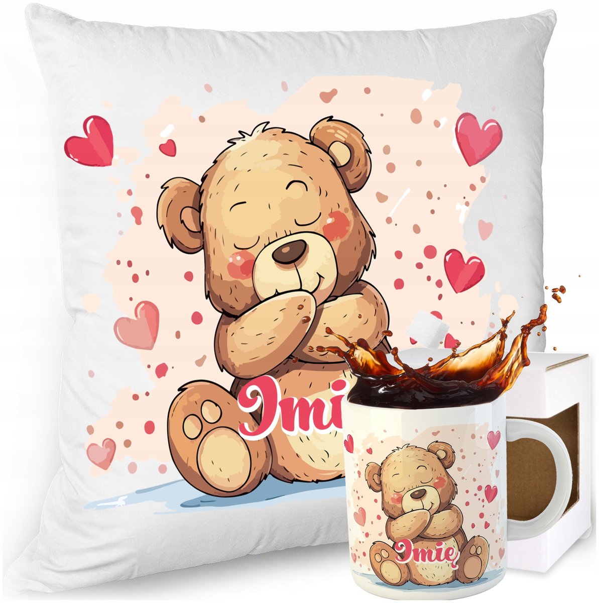 ZESTAW PODUSZKA KUBEK DZIEŃ MISIA SŁODKI UROCZY MIŚ URODZINY DZIECKA ...