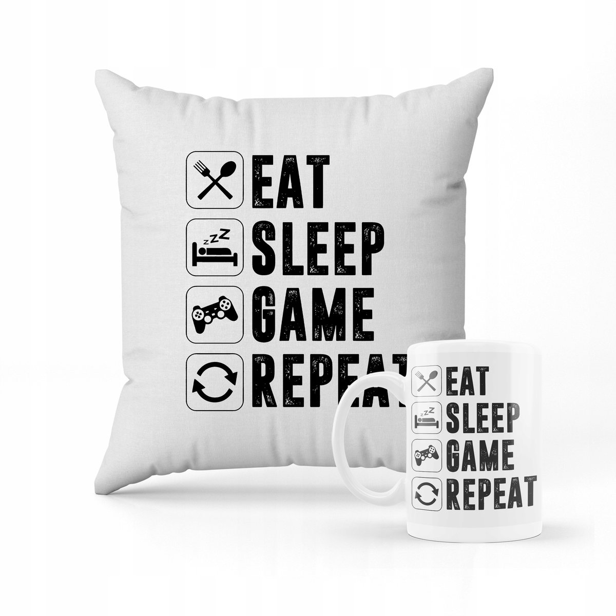 ZESTAW PODUSZKA + kubek Eat sleep game śmieszny wzór + IMIĘ - Atram ...