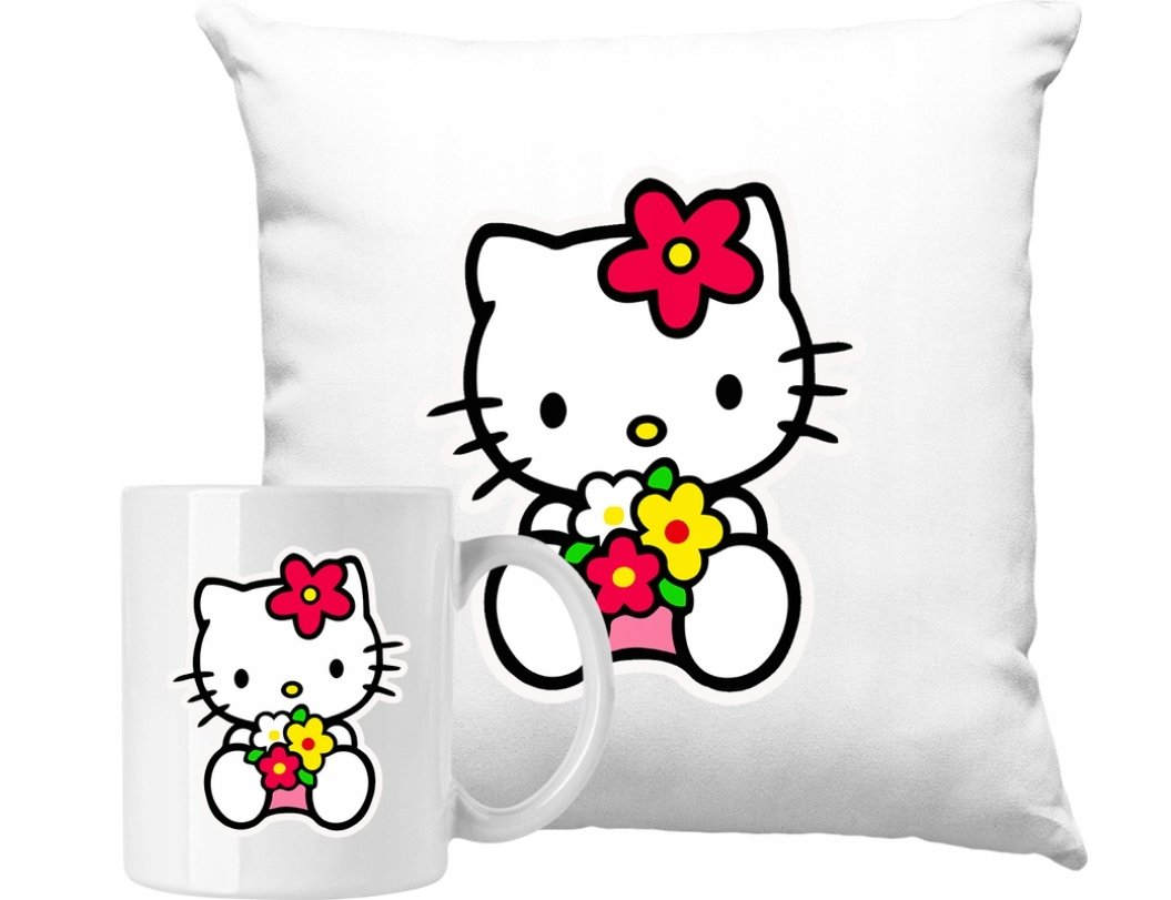 ZESTAW PODUSZKA + KUBEK Hello Kitty Kotek Kwiaty Pomysł Na Prezent ...