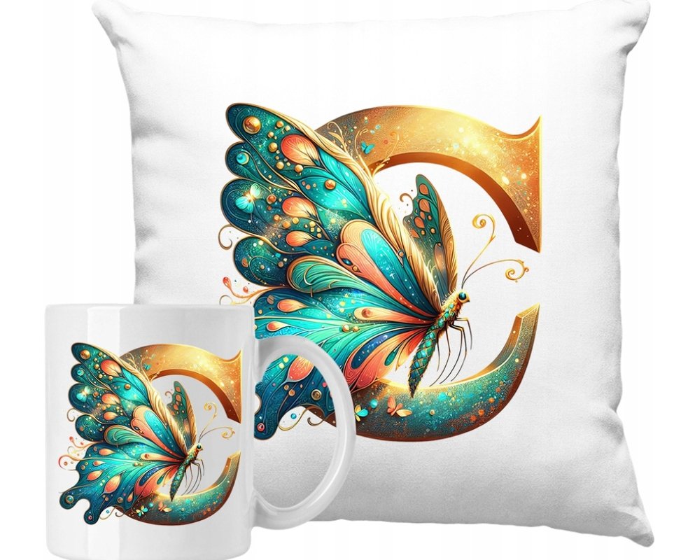 ZESTAW PODUSZKA + KUBEK Litera Motyl Imienna C Pomysł Na Prezent +IMIĘ ...