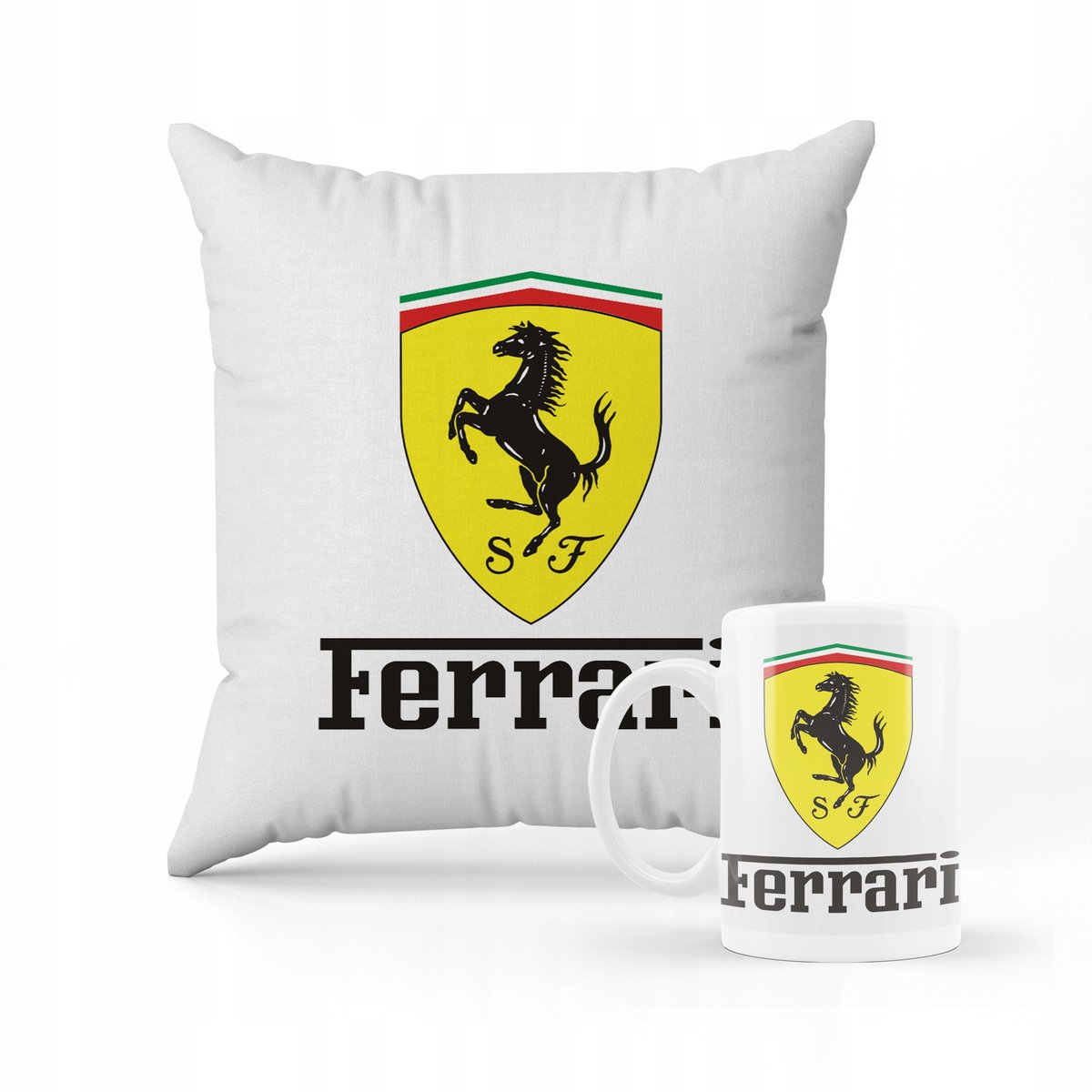 ZESTAW PODUSZKA + KUBEK PREZENT DLA DZIECKA Ferrari AUTO LOGO + IMIĘ 2 ...