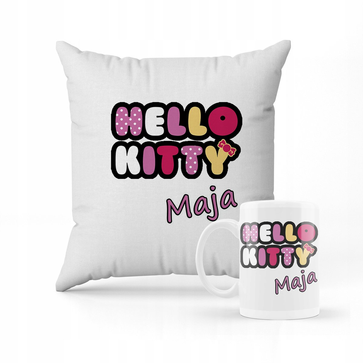 ZESTAW PODUSZKA + KUBEK PREZENT DLA DZIECKA HELLO KITTY KOTEK + IMIĘ ...