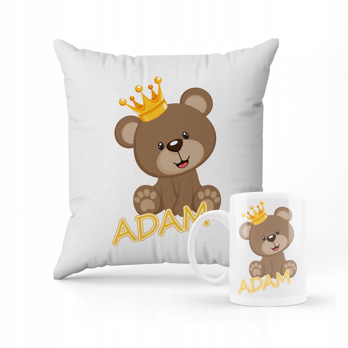 ZESTAW PODUSZKA + KUBEK PREZENT DLA DZIECKA SŁODKI MISIU MISIEK + IMIĘ ...